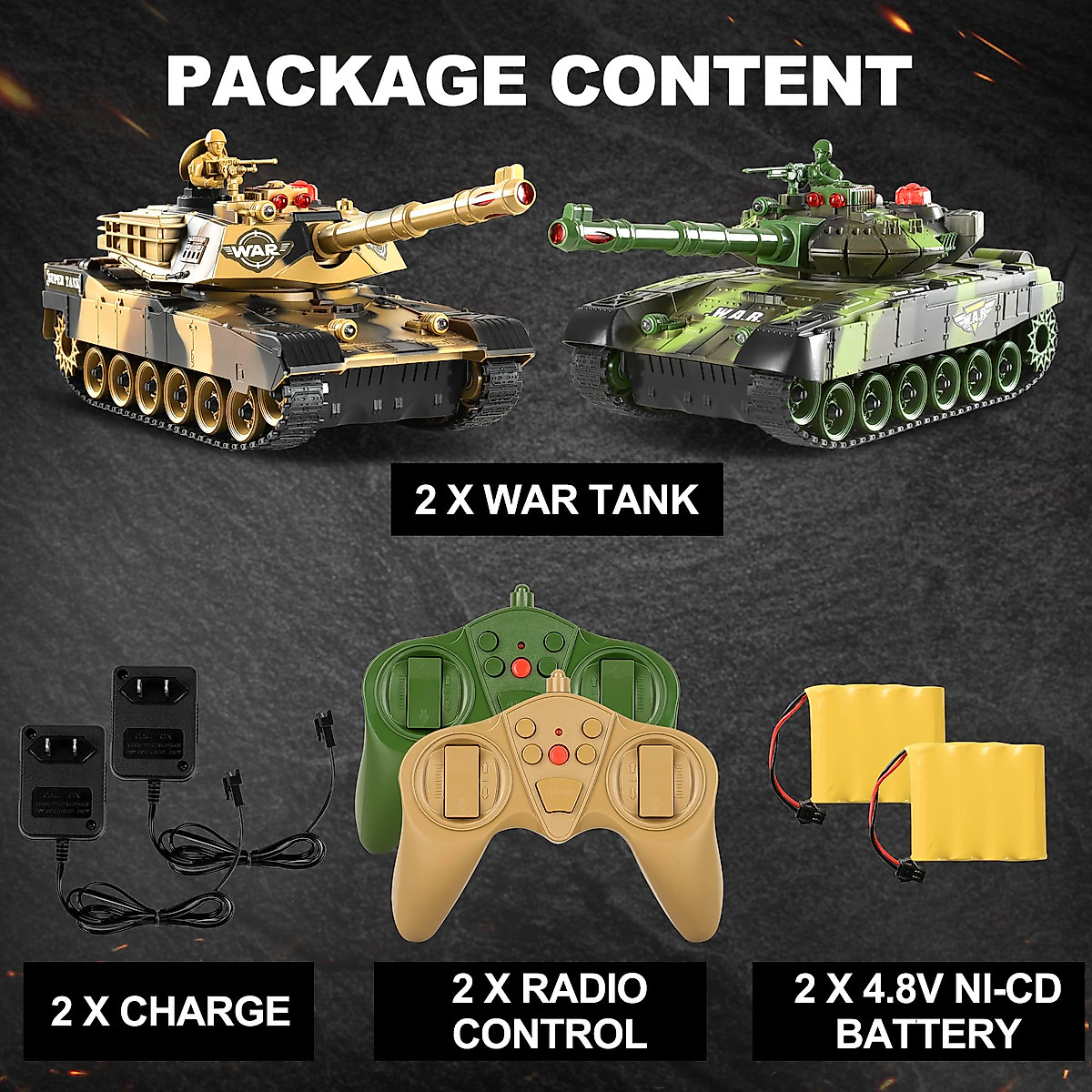 Haktoys RC Battle Tank Set 1:24 Scale Remote Control Fighting Tanks, Radio Control Military Toys for Kids and Adults - Realistic Sounds, Lights and Life Indicators