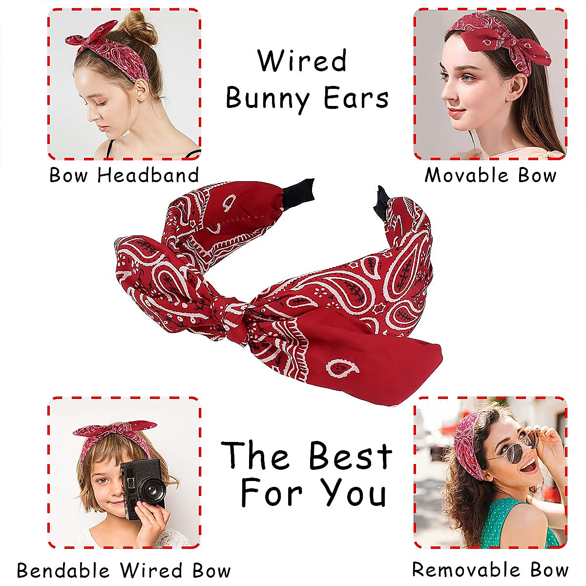TOBATOBA Headband, 6Pcs Bandana Knotted Bow Headbands for Women, Paisley Headband with Removable Rabbit Ears, Top Knot Headband, Turban Headbands, Hair Band for Women Girls