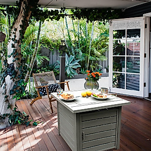 OutVue 28 Inch Propane Fire Pit Table, Outdoor Gas Fire Pits with Lid & Lava Rock, 50000 BTU Firepit for Dinning, Party in Outside, Patio, Garden or Yard (Light Grey)