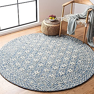 SAFAVIEH Blossom Collection Area Rug - 8' Round, Blue & Ivory, Handmade Wool, Ideal for High Traffic Areas in Living Room, Bedroom (BLM114M)