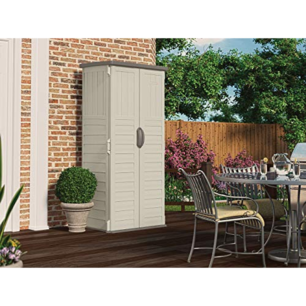 Suncast Vertical Tool Shed - Outdoor Storage Shed for Backyards and Patios - 20 Cubic Feet Capacity for Long Handled Tools and Garden Accessories