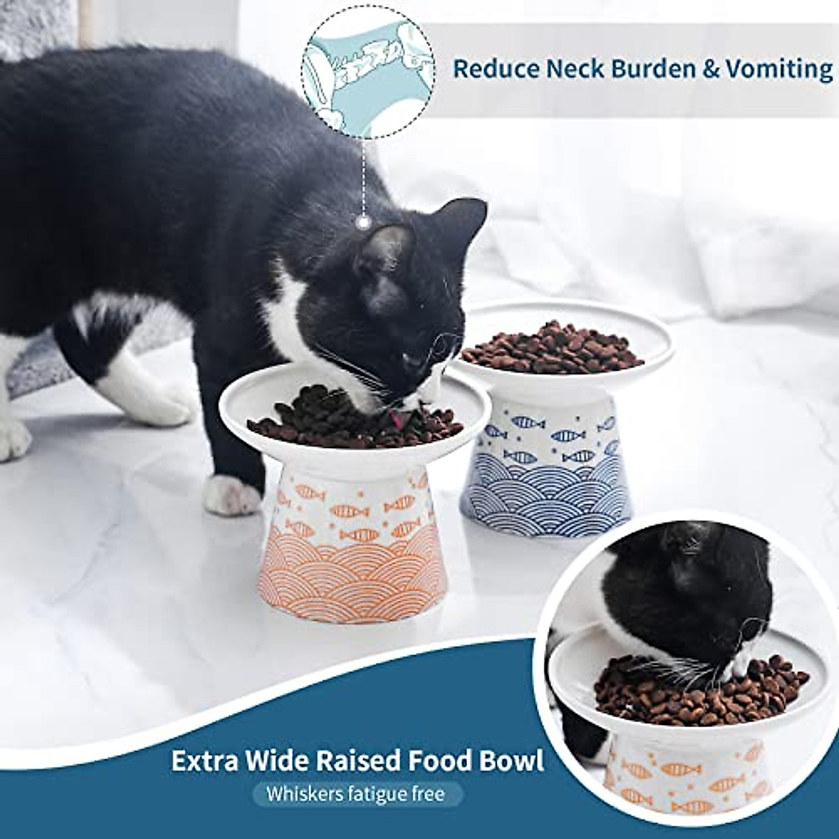 6.25 Inch Extra Wide Raised Ceramic Cat Bowls, Round Food and Water Bowls for Elder Big Cats and Small Dogs, Elevated Heavy Sturdy Base Pet Feeder Dish, Stress Free, Protect Cat's Spine, Set of 2