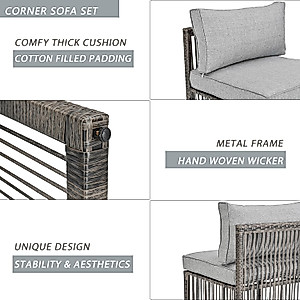 Festival Depot 3 Pieces Patio Conversation Set Sectional Corner Sofa Combination Outdoor Furniture All-Weather Wicker Metal Armless Chairs with Seating Back Cushions Garden Deck Poolside (Grey)