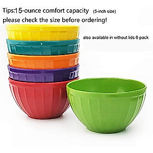 KX-WARE Melamine Fluted Bowls Set with Lids - 6pcs 15 oz Cereal/Prep Bowls, 6 Assorted Color | Break-resistant 100% Melamine Bowls and Plastic Lids | Dishwasher Safe, BPA Free