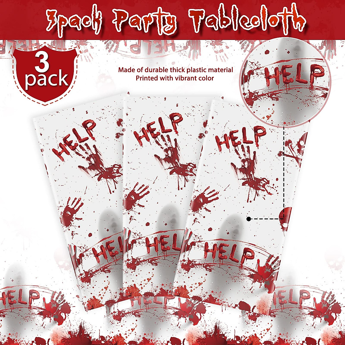 3Pcs Halloween Bloody Handprint Tablecloth Decorations, Plastic Handprints Shadowy Bloody Skull Table Cover Backdrop Banner for Halloween Vampire Zombie Horror Party Supplies,54 x108 inches