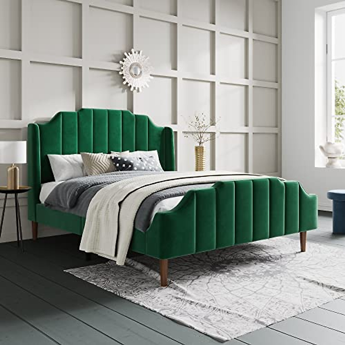 SHA CERLIN Wood Queen Size Bed Frame with Modern Curved Upholstered Wingback Headboard / Heavy Duty Platform Bed with Strong Wood Slat Support / Green
