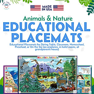 Tot Talk Mountain Animals Educational Placemat for Kids – Made in USA – Durable, Double-Sided, Learning Placemat with Mountain Wildlife & Nature Facts & Coloring– Waterproof, Wipeable, 17.5” x 11.5”