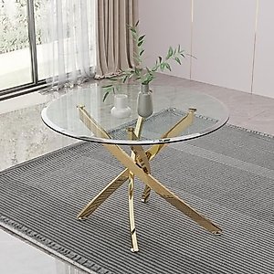 36" Round Dining Table for 4, Glass Kitchen & Dining Room Tables, Modern Circle Dining Room Table with 0.39" Tempered Glass Tabletop and Cross Stainless Steel Legs for Dinner Small Spaces