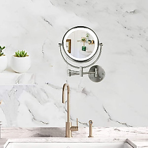 OVENTE 9" Lighted Wall Mount Makeup Mirror with 1X/7X Magnification, Double Sided Magnifying Vanity Mirror, LED Glow Light, 360° Swivel Design, Extendable & Folding Arm, Nickel Brushed MPWD3185BR1X7X
