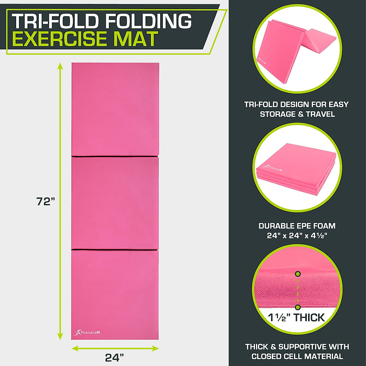 ProsourceFit Tri-Fold Folding Exercise Mat - Pink