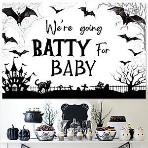 kreat4joy Halloween Baby Shower Decorations Backdrop, Bat Baby Shower Decorations We're Going Batty for Baby Backdrop Banner for a Baby is Brewing Baby Shower Photography Background Decorations