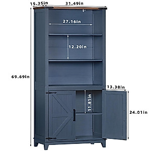 Joaxswe 70in Tall Bookshelf 5 Tier Bookcase with Barn Doors and Adjustable Shelves, Blue Farmhouse Book Shelf with Storage Cabinet, Wood Freestanding Display Bookshelves for Bedroom, Living Room