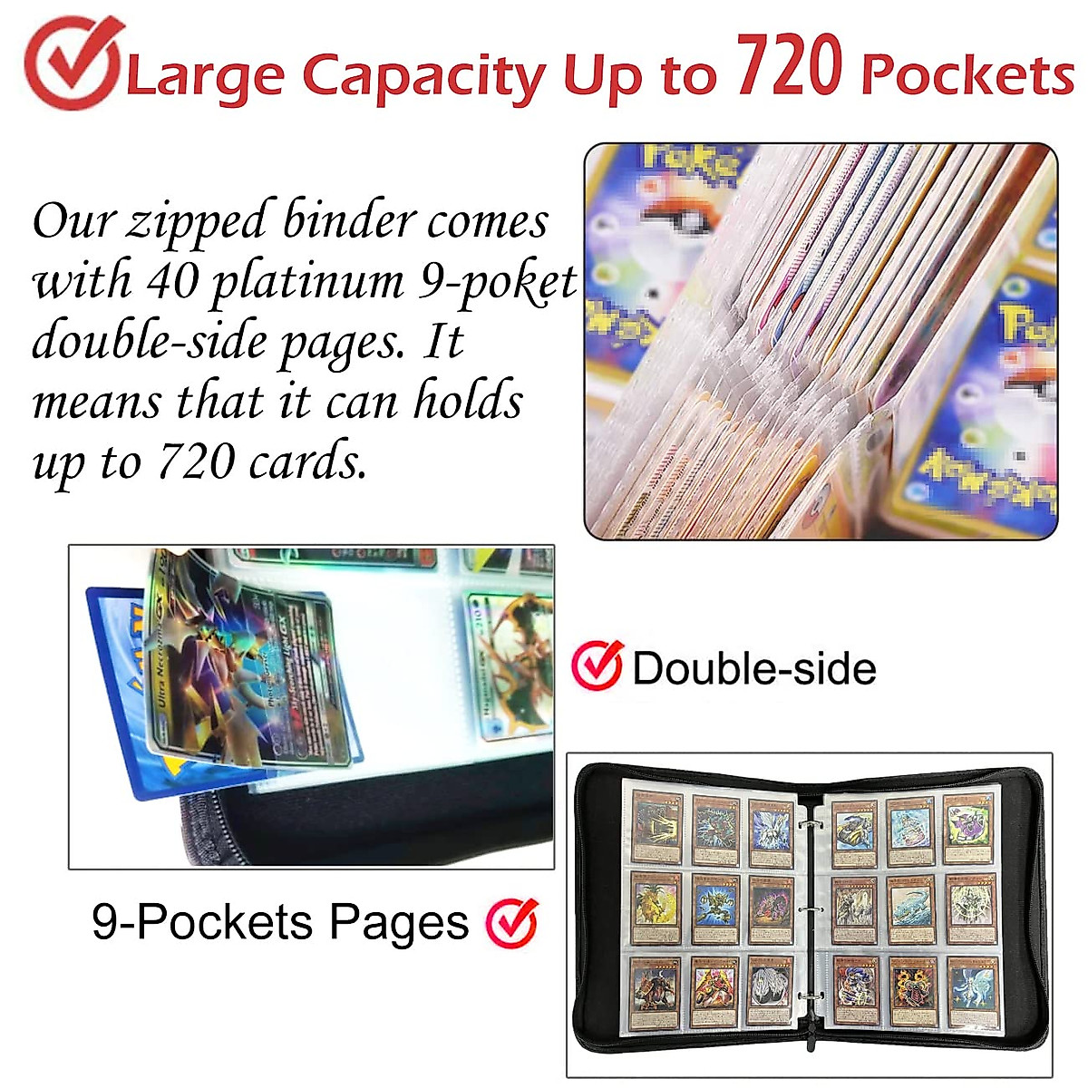 Trading Card Binder with Sleeves,720 Pockets Zipper Binder Card Holder Collectors Album Carrying Case with 40 Platinum 18-Pocket Sheets for TCG Baseball and Football Cards Organizer