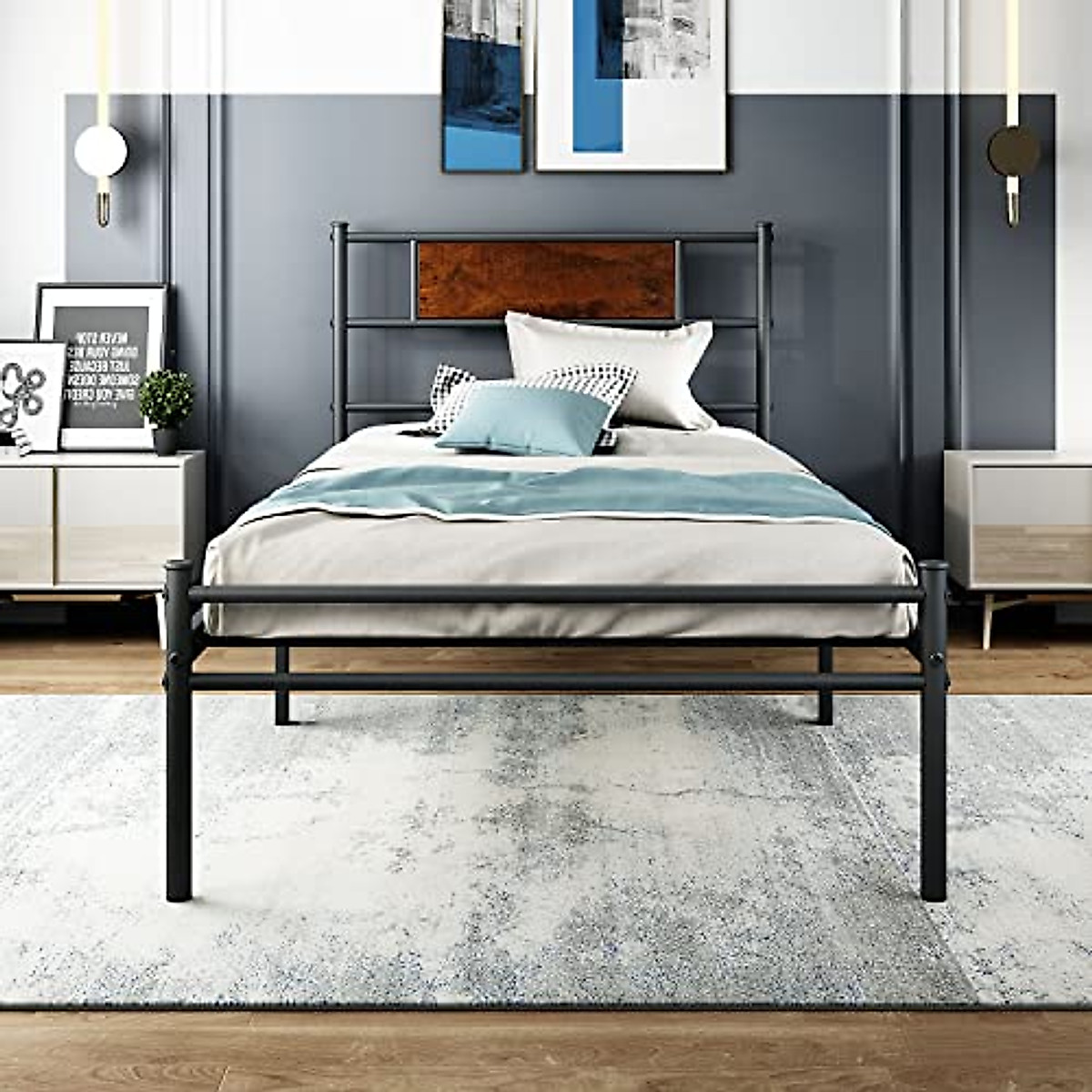 USHOW Modern Black Metal Bed Frame Twin Size with Headboard and Footboard Sturdy Metal Frame Premium Steel Slat Support Easy Assembly （Twin,Black）