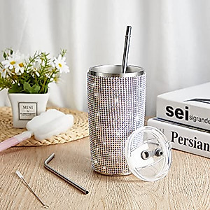20 oz Bling Tumbler Bling Cups Rhinestone Water Bottle with Lid Straw and Brush Stainless Steel Thermal Straw Cup for Women (AB Color, Pink)