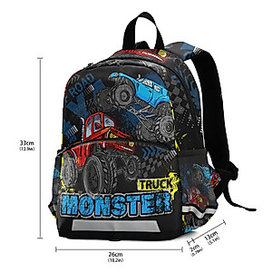 Glaphy Red Blue Monster Trucks Car Kids Toddler Backpack for Boys Girls, Children Bag Preschool Bookbag with Chest Strap for Daycare Kindergarten Travel