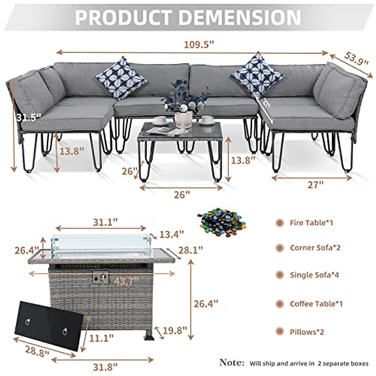 UDPATIO 8 Piece Outdoor Patio Furniture Sets with Gas Fire Pit Table Propane 44 Inch Glass Top, Grey Outdoor Sectional Couch Wicker Patio Conversation Set PE Rattan Sofa w/Table for Garden Grey