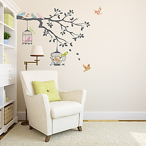 DECOWALL DW-1510 Birds on Tree Branch with Bird Cages Kids Wall Stickers Wall Decals Peel and Stick Removable Wall Stickers for Kids Nursery Bedroom Living Room (Grey) d?cor