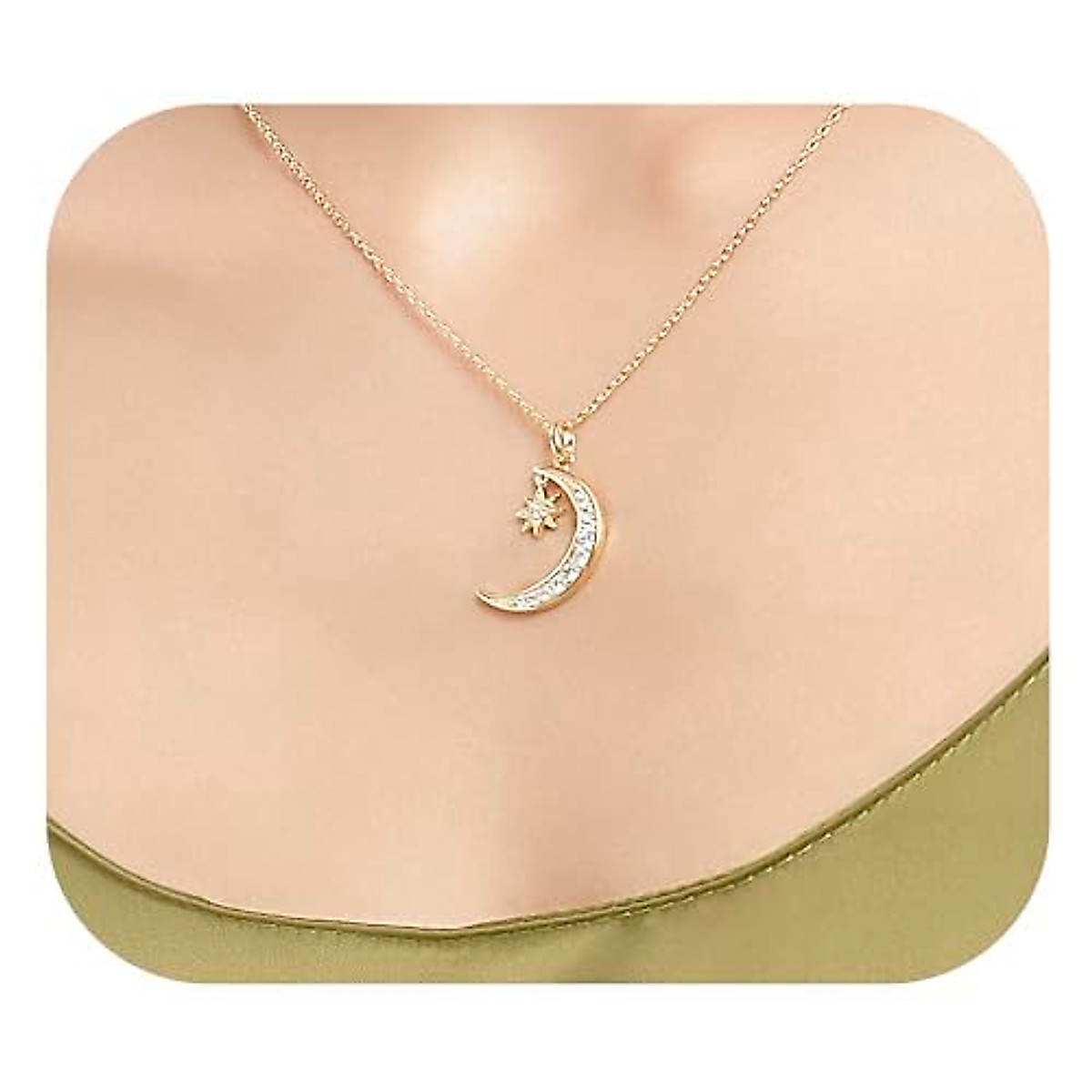 ASGEMSFJ Moon Star Necklace for Women Man, 14K Yellow Gold Plated Moon Pendant Dainty Trendy Chain Necklace Jewelry Gift for Women (yellow gold)