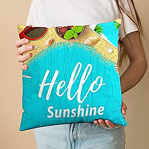 Outdoor Summer Pillow Covers 18x18 inch Set of 2 Teal Hello Sunshine Decorative Throw Pillow Covers Pillowcase Summer Decorations for Patio Garden Porch (18"x18", Hello Summer)