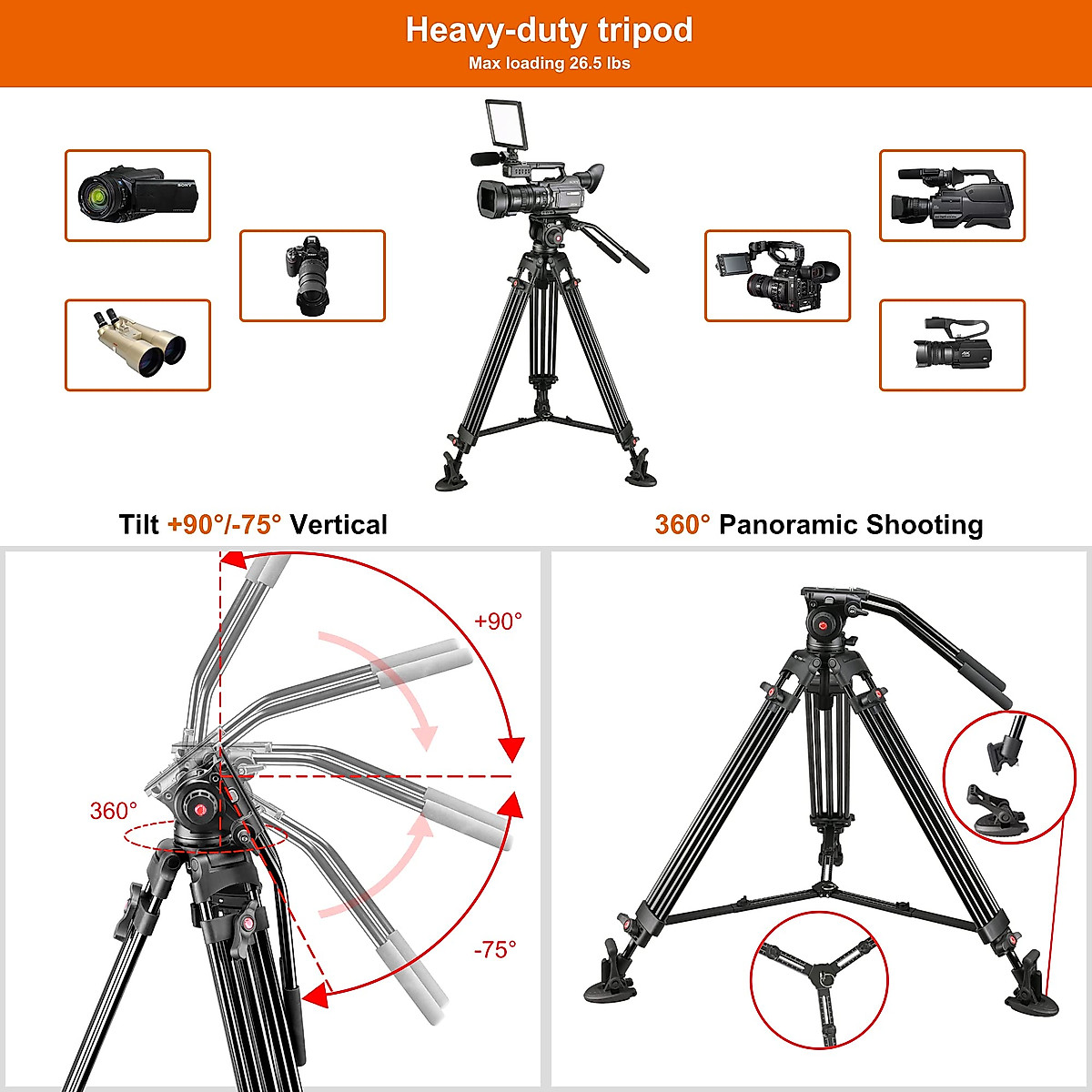 MagicLine 65.7 inch Heavy Duty Aluminum Video Camera Tripod with Fluid Head, 2 Pan Bar Handles, Adjustable Mid-Level Spreader，QR Plate, Max Load 26.5 LB for Canon Nikon Sony DSLR Camcorder Cameras