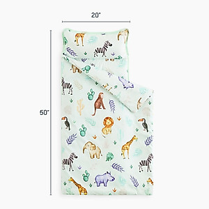 Wake In Cloud - Nap Mat with Removable Pillow for Kids Toddler Boys Girls Daycare Preschool Kindergarten Sleeping Bag, Elephant Lion Zebra Animals Printed on Green,100% Soft Microfiber