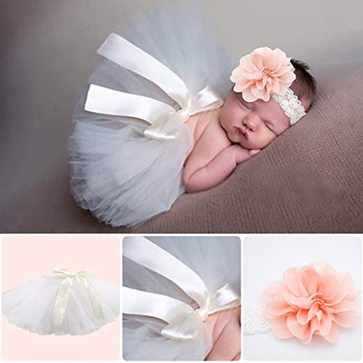 4 PCS Newborn Photography Props Outfits-BabyTutu Skirt Cute Bow Headdress and Lace Rompers Flower Headband Sets for Infants Girl Boy