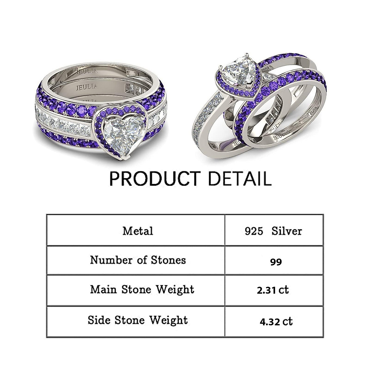 Jeulia Engagement Interchangeable Ring Set for Women Heart Cut Sterling Silver Wedding Promise Brilliant Classic Band Fashion Anniversary Rose Gold Halo Diamond Bridal with Jewelry Box (Purple, 12)