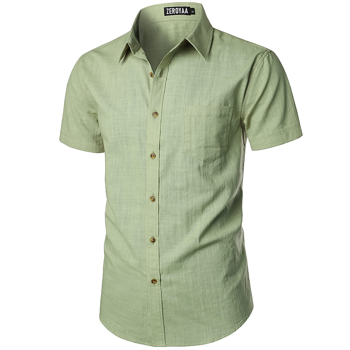 ZEROYAA Men's Fitted Cotton Linen Casual Short Sleeve Button Up Shirts Lightweight Beach Tops with Pocket ZLSC34-Bean Green Medium