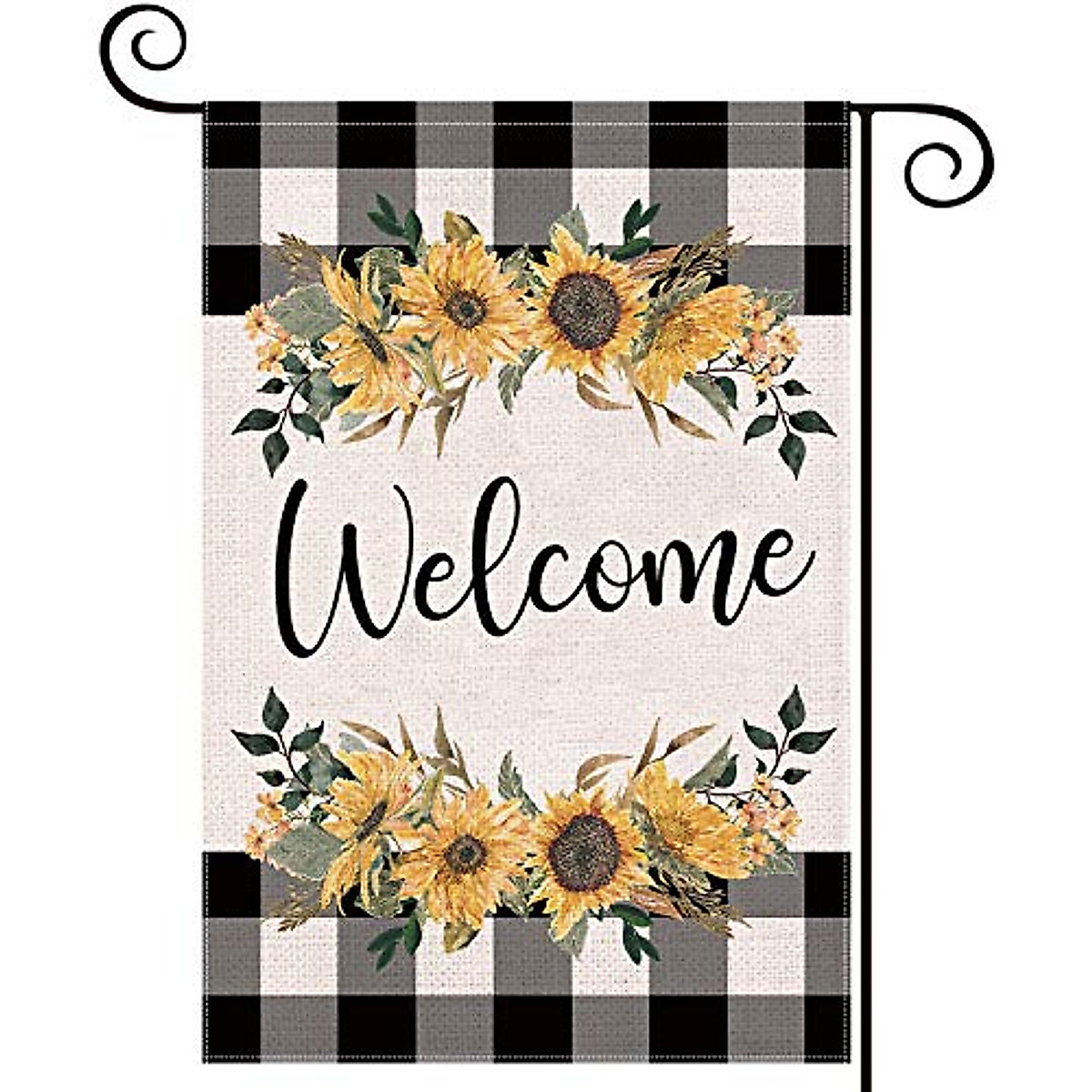 LARMOY Spring Summer Welcome Garden Flag for Outdoor,12×18 Double Sided Black and White Buffalo Plaid with Sunflowers,Small Yard Flags for All Seasons,Seasonal Farmhouse Outside Holiday Decor