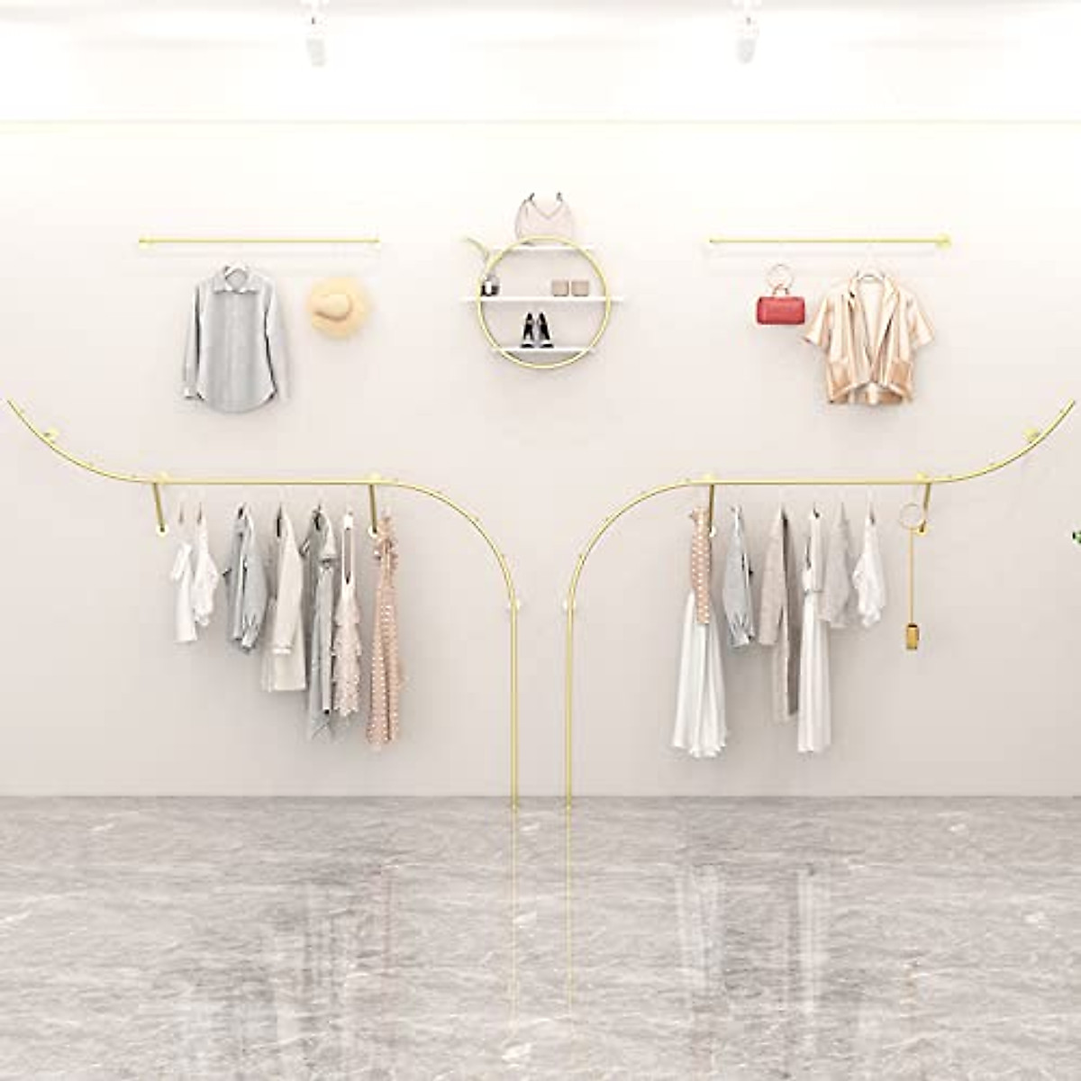 Retail Clothing Display racks for Boutique store Gold Closet Rod clothes racks, modern industrial pipe wall-mounted Garment rack display shelves, home cloakroom clothes organizer storage racks shelf