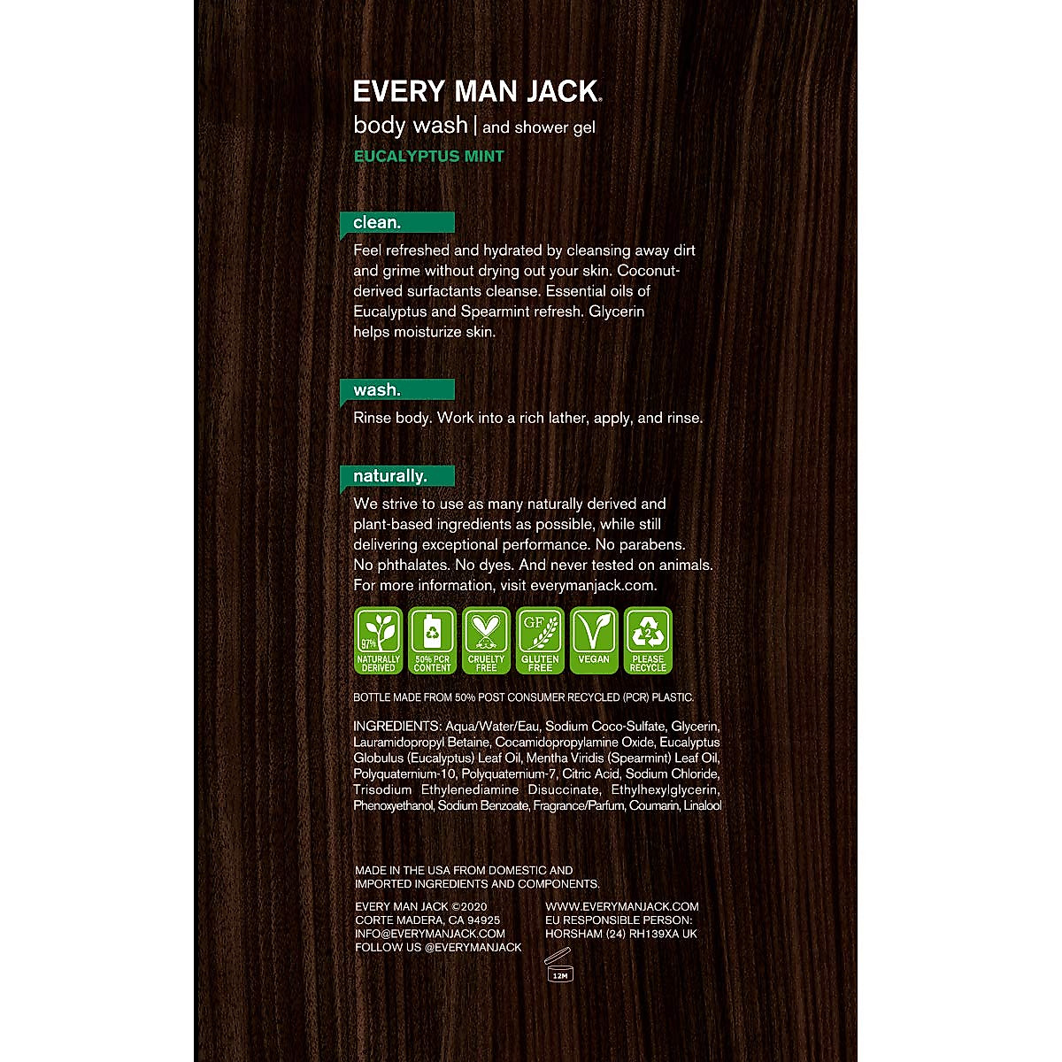 Every Man Jack Eucalyptus Mint Mens Body Wash for All Skin Types - Cleanse, Nourish, and Hydrate Skin with Naturally Derived Ingredients - Paraben Free, Phthalate Free, Dye Free - 33.8oz - 2pack