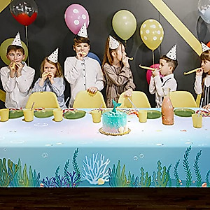 9x5ft Fabric Under The Sea Tablecloth Little Mermaid Table Cover for Under Sea Birthday Party Decoration Bubble Ocean Beach Pool Wedding Reception Table Cloths Dessert Tablecloths Kids Party Supplies