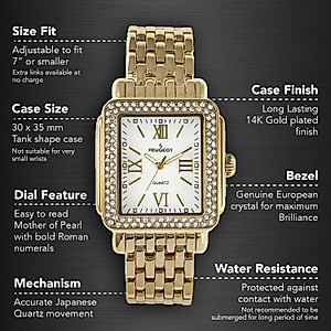 Peugeot Women Rectangle Dress Watch with Crystal Decorated Bezel, Roman Numerals and Bracelet