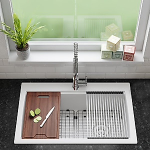 32" x 22" Workstation Sink, Single Bowl Kitchen Sinks, Drop in Kitchen Sink, Granite Composite Kitchen Sink, Quartz Undermount Sink, Galaxy White Kitchen Sink, with Grid, Strainer, Flange LP-750TM-W