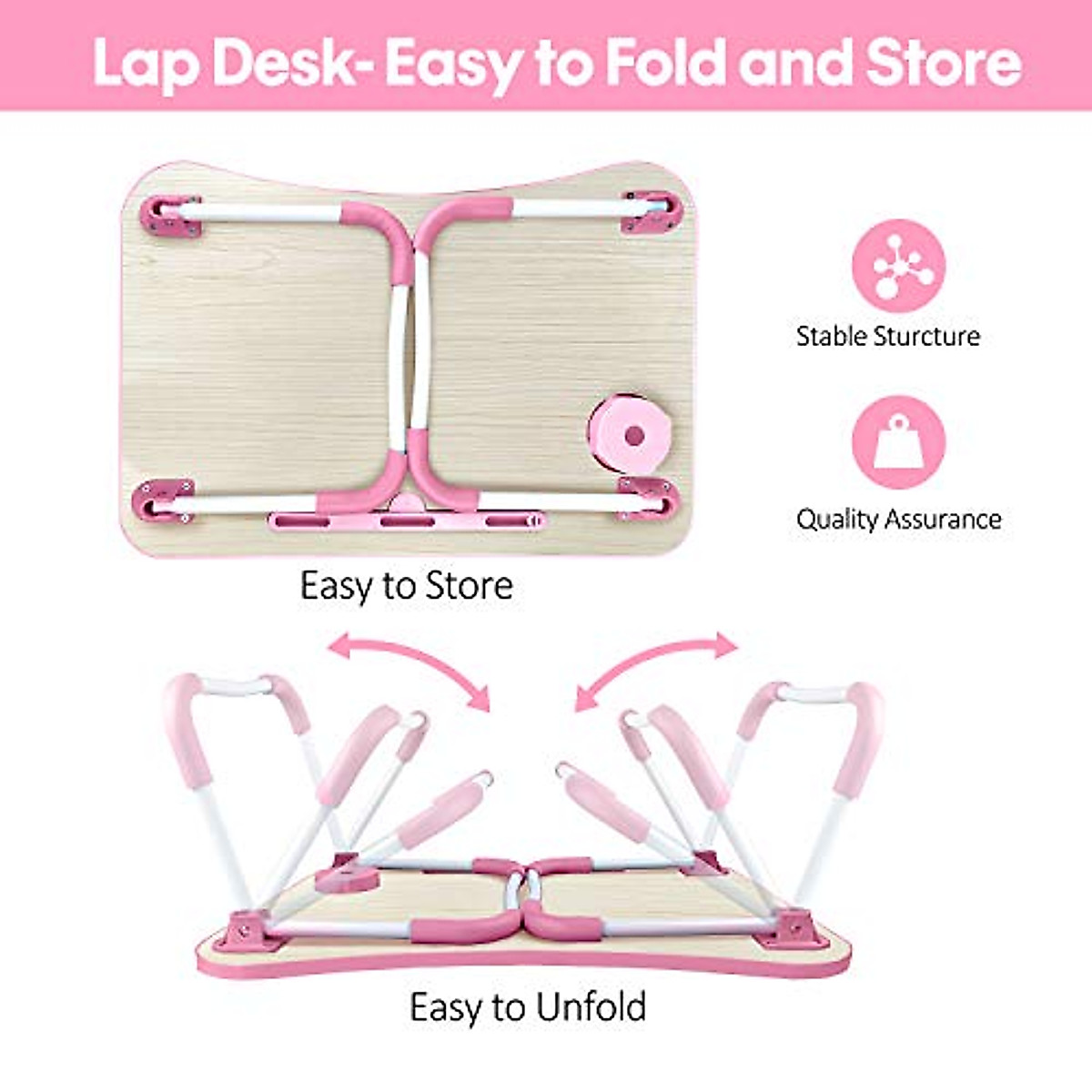 KPX Portable Laptop Bed Table, Fordable Lap Desk with Cup Slot & Notebook Stand Breakfast Bed Trays for Eating and Laptops Book Holder Lap Desk for Floor,Couch, Sofa, Bed, Terrace, Balcony (Pink)