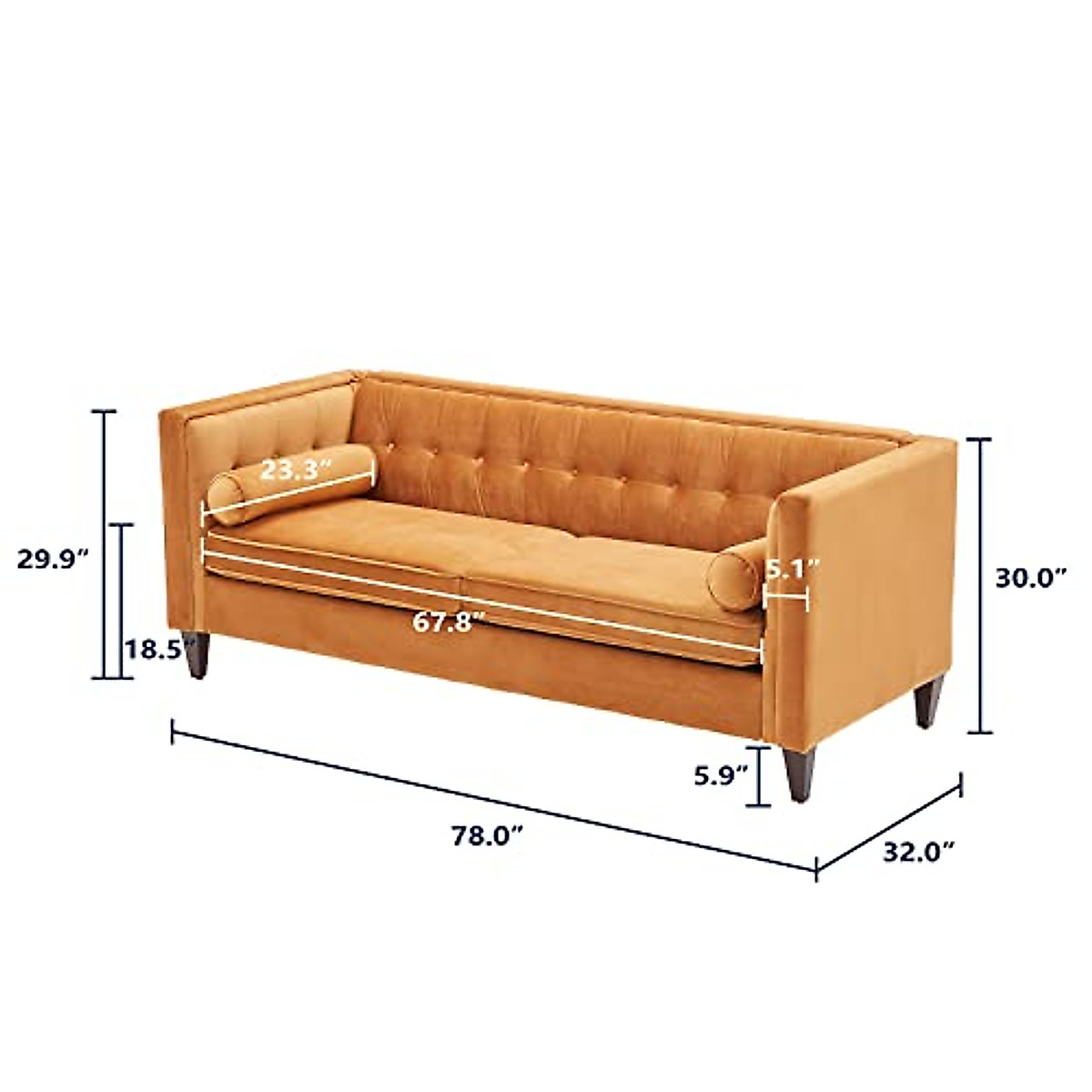 Dreamsir 78'' W Velvet Sofa, Mid-Century Love Seats Sofa Furniture with Bolster Pillows, Button Tufted Couch for Living Room, Tool-Free Assembly (Sofa, Ginger)