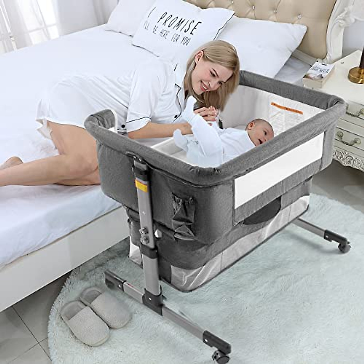 nordmiex Bedside Sleeper Bedside Crib, Baby Bassinet 3 in 1 Travel Baby Crib Baby Bed with Breathable Net,Adjustable Portable Bed for Infant/Baby(Deep Grey)