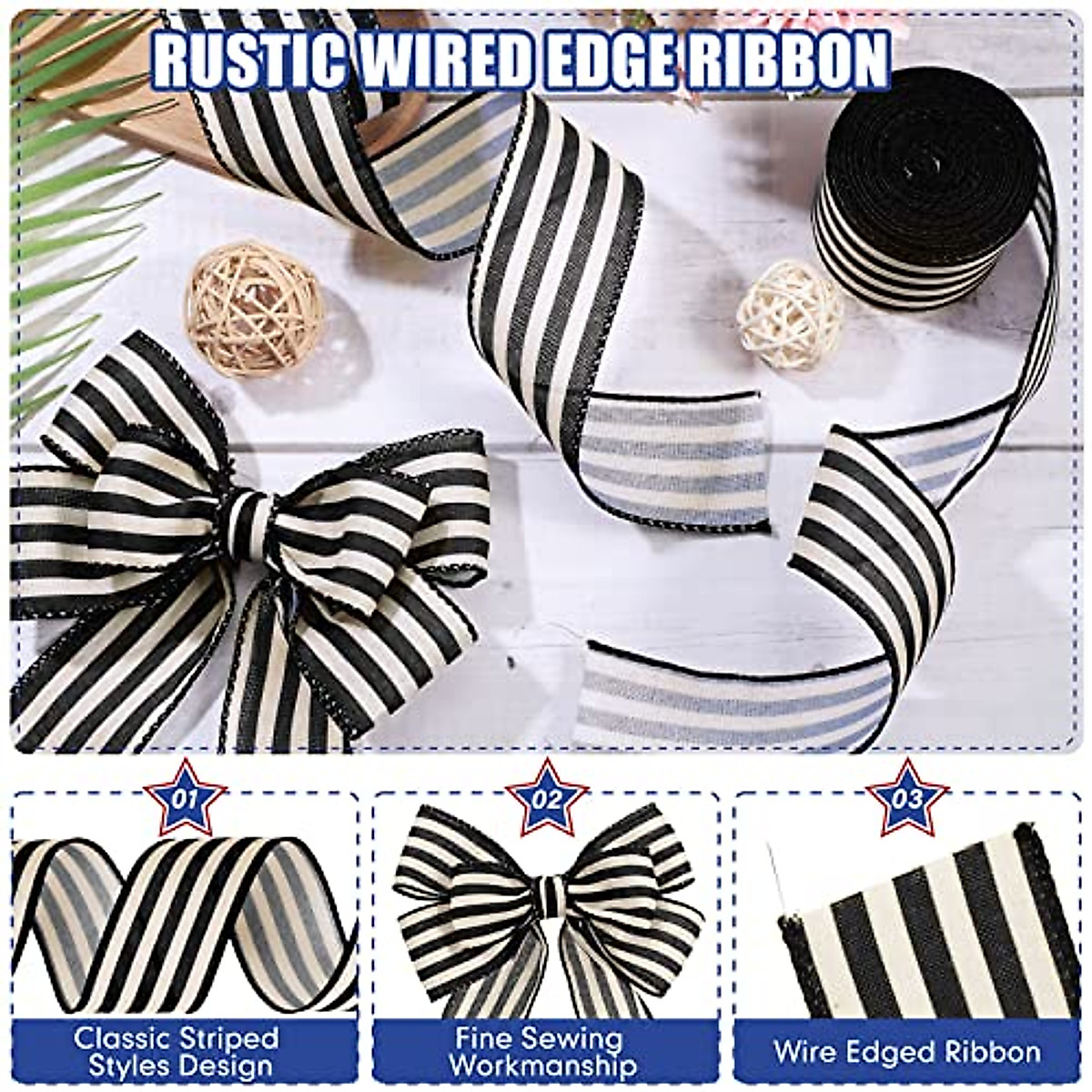 2 Rolls 20 Yard Black and White Stripes Wired Edge Ribbon Rustic Ivory Ribbon Boho Ribbon for DIY Crafts Home Decor Gift Wrapping Bow Wreath Making Christmas Wedding Party Decorations (2 Inch)