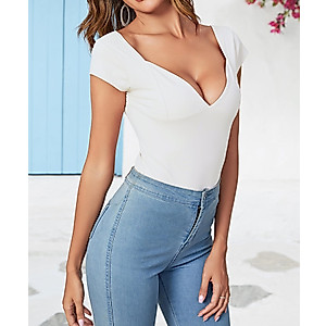 TiulZial Women's Sexy Backless Crop Tank Tops Deep V Neck Short Sleeve T-Shirts Slim Fit Y2K Tops Open Back Cami Tops White,S