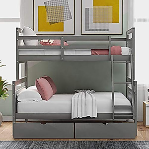 GLORHOME Twin Over Full Bunk Bed with 2 Storage Drawers, Solid Wood Bed Frame with Safety Rail and Ladder, Kids/Teens Bedroom, Guest Room Furniture, Can Be Converted into 2 Beds, Grey