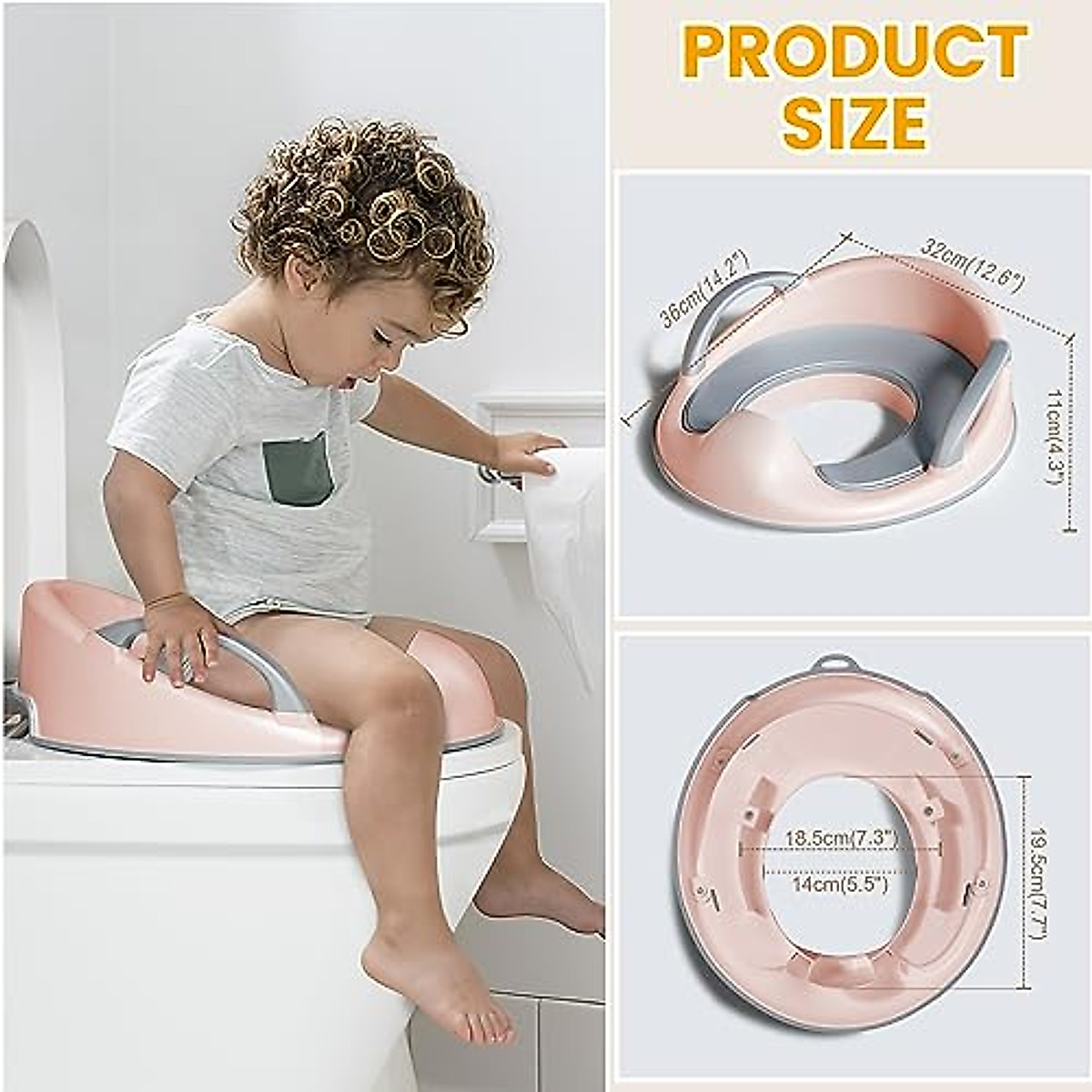 Orzbow Potty Training Toilet Seat for Boys and Girls with Handles & Detachable Soft Cushion, Kids Travel Potty Seat with Anti-Slip Design & Splash Guard, Includes Free Storage Hook,Toilet Brush, Pink