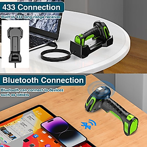 Symcode Wireless Charging Barcode Scanner, 1D/2D/DPM Symbologies, Global Shutter Scan Sensor, Long-Distance 433MHz Wireless & Bluetooth, Industrial Shock and Dust-Proof Barcode Reader, Green