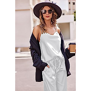 Ekouaer Pajamas for Women Silk Cowl Neck Cami Top Wide Leg Long Pants Set Satin Pjs Sleepwear 2 Piece Lounge Set White,Medium
