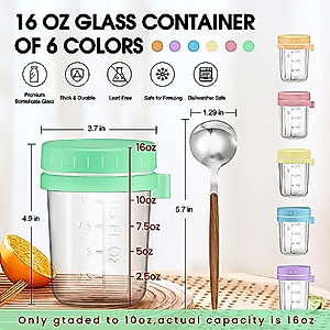 Tekuve 6 Pack Overnight Oats Containers with Lids and Spoon, Glass 16 oz Mason Jars with Airtight Lid for Overnight Oats Meal Prep