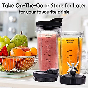 Revorit Blender Replacement Parts for Ninja, 2 24oz Cups with To-Go Lids, 7 Fins Extractor Blade, for Nutri Ninja Auto iQ BN801 BL480-30 BL640-30 BL642-30 NN100-30 BL2012 (2 Pack)