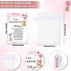 Ecally 50 Sets Baby Shower Favors for Guests PU Leather Keychain Bear Thank You Cards Organza Bags Gender Reveal Gifts (Pink, Girl Style)