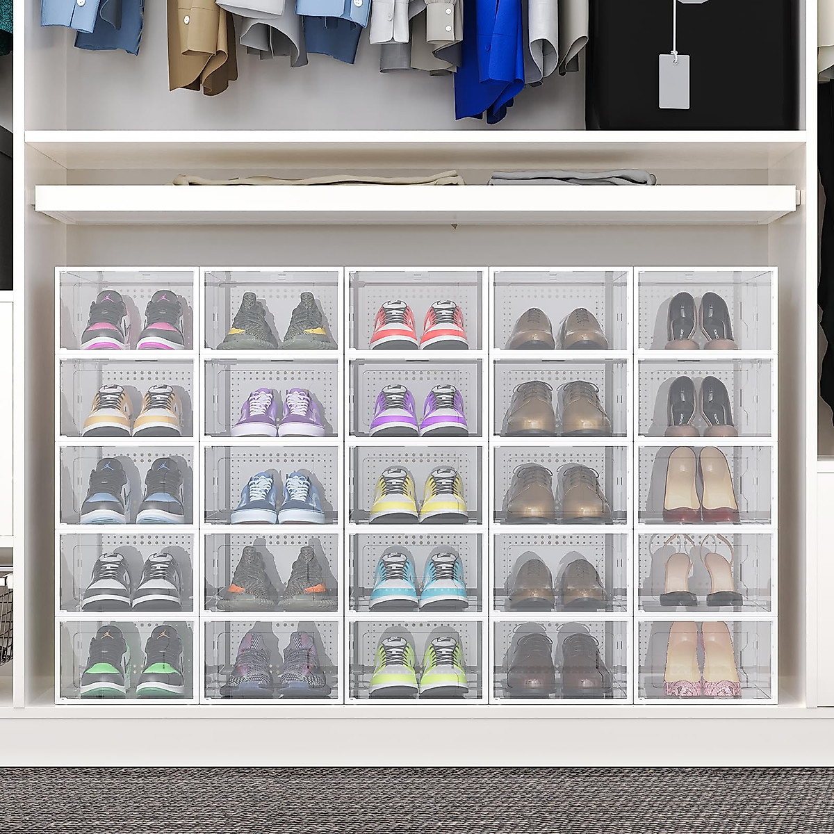 Elechomes Shoe Boxes Clear Plastic Stackable, 18 Pack Premium Shoe Organizer Storage for Closet Space Saving Foldable Shoe Rack Containers, Sneaker Display Case Holder Shoe Bin for Entryway Drawers