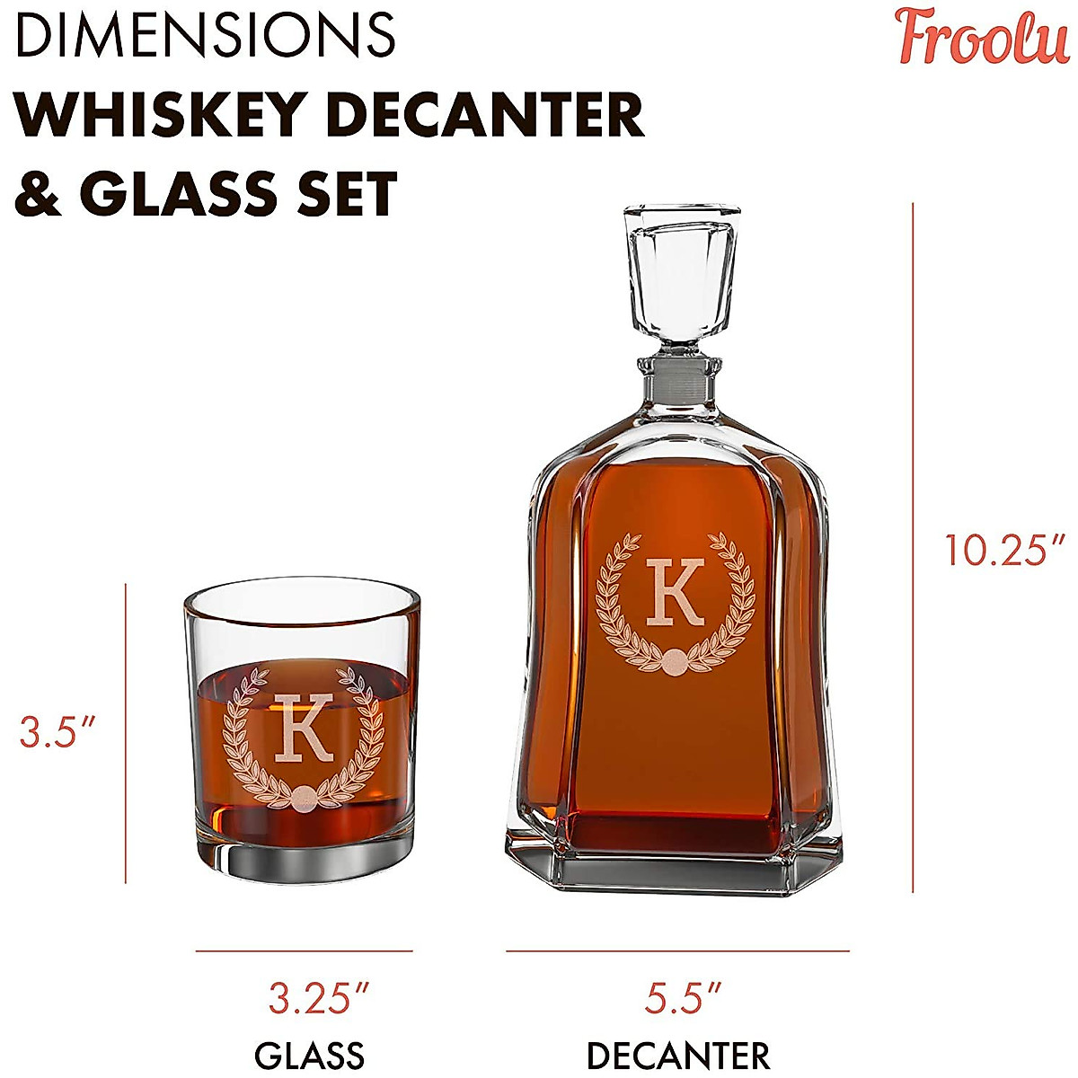 Froolu Personalized Whiskey Set in Wooden Gift Box - Includes Decanter, 4 Scotch Glasses, 4 Natural Slate Coasters, 8 Chilling Stones & Tongs - Great Mens Home Bar Gift for Him, Husband, Dad