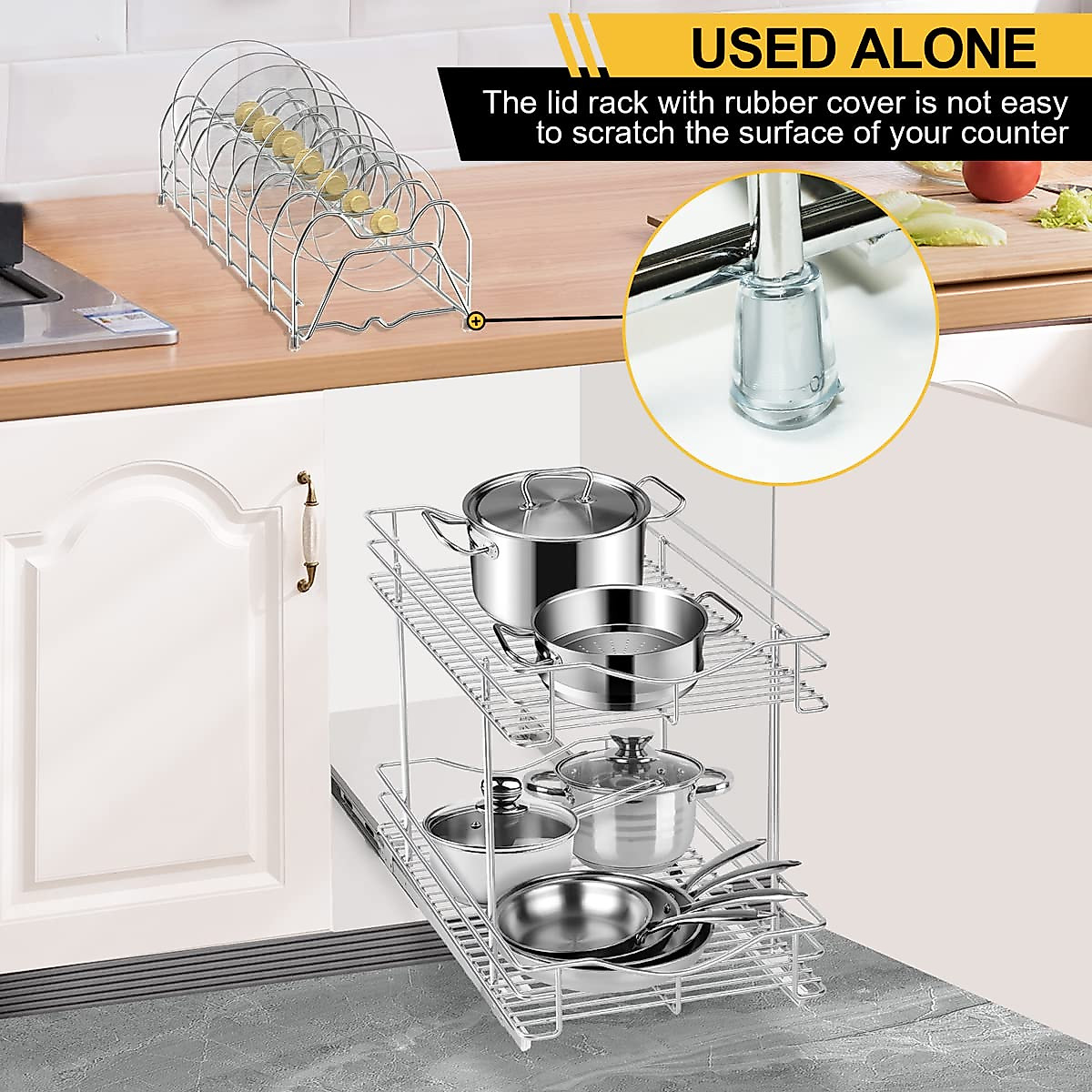 FULGENTE Pull Out Cabinet Drawer Organizer for Lid Cookware 11" W x 21" D 2 Tier Slide Out Kitchen Shelves Storage for Pots and Pans Roll Out Pot Top Shelf for Cabinet Wire Frame Chrome Finish